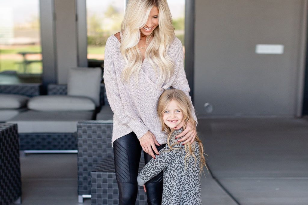 Busy Mom Date Night Outfit: Spanx Moto Leggings + Sweater - Heidi Powell